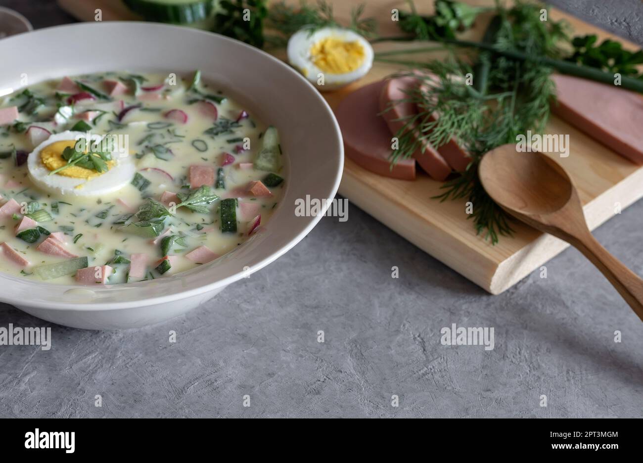 Traditional Russian cold summer soup - okroshka with fresh vegetables ...