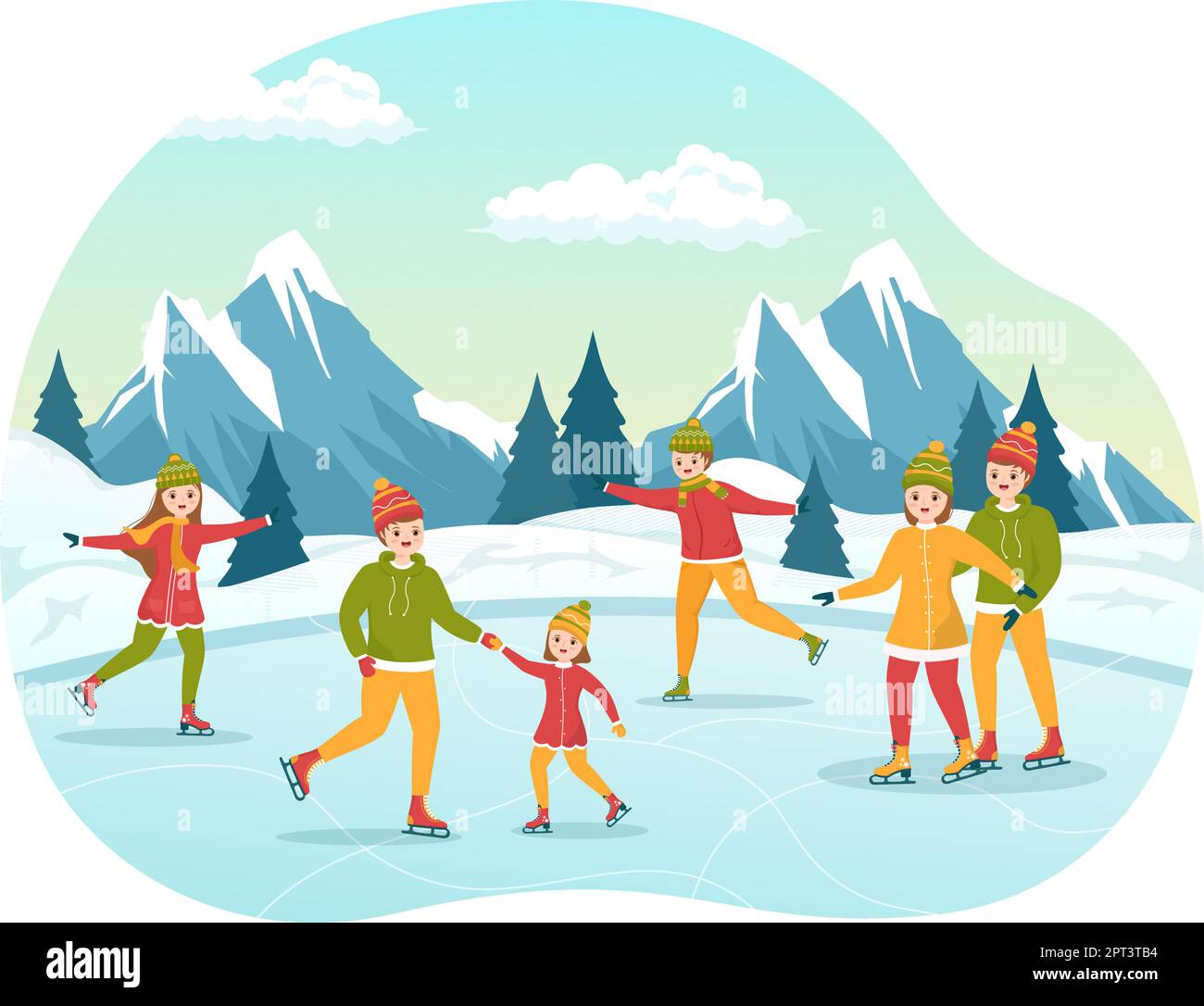 Men, Women and Kids Skating on Ice Rink Wearing Winter Clothes for ...