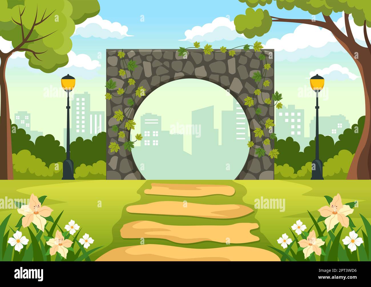 Portal with Summer Landscape Stone Arch Entrance to Public Park, Green ...