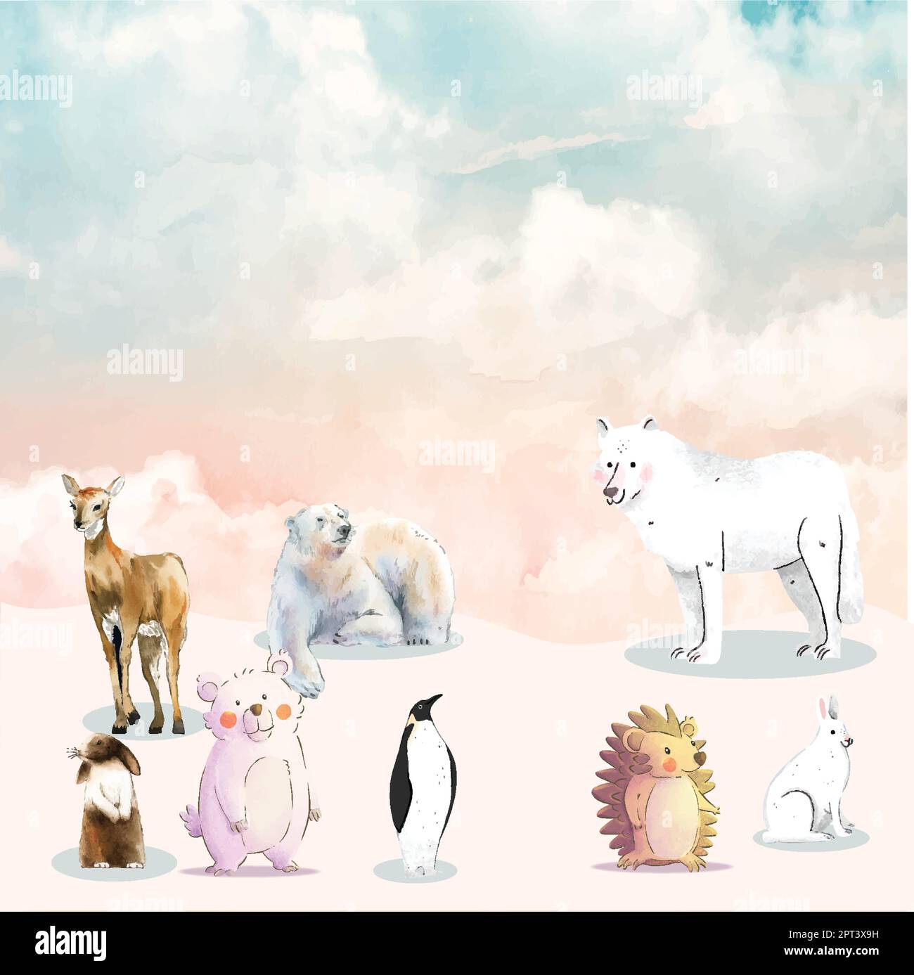 Watercolor winter forest animals deer with fawn, owl rabbits, bear ...