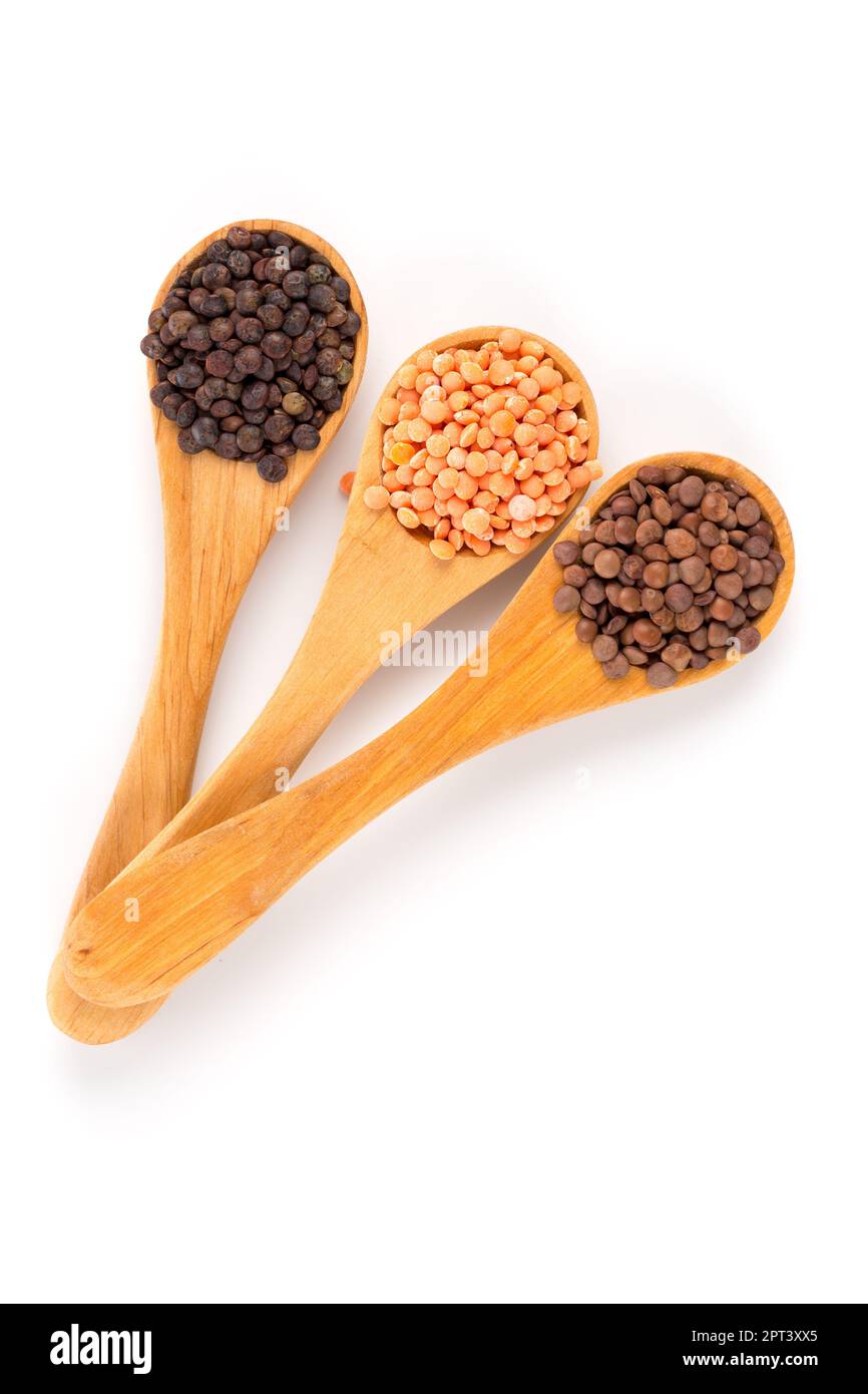 Various lentils in wooden spoons isolated on white background. Collection Stock Photo - Alamy