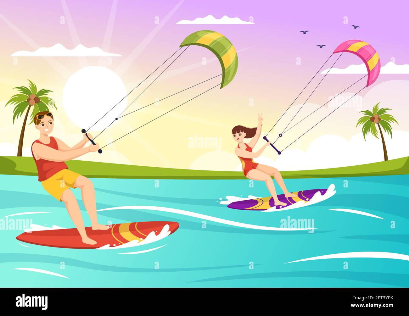Kitesurfing Illustration with Kite Surfer Standing on Kiteboard in the ...