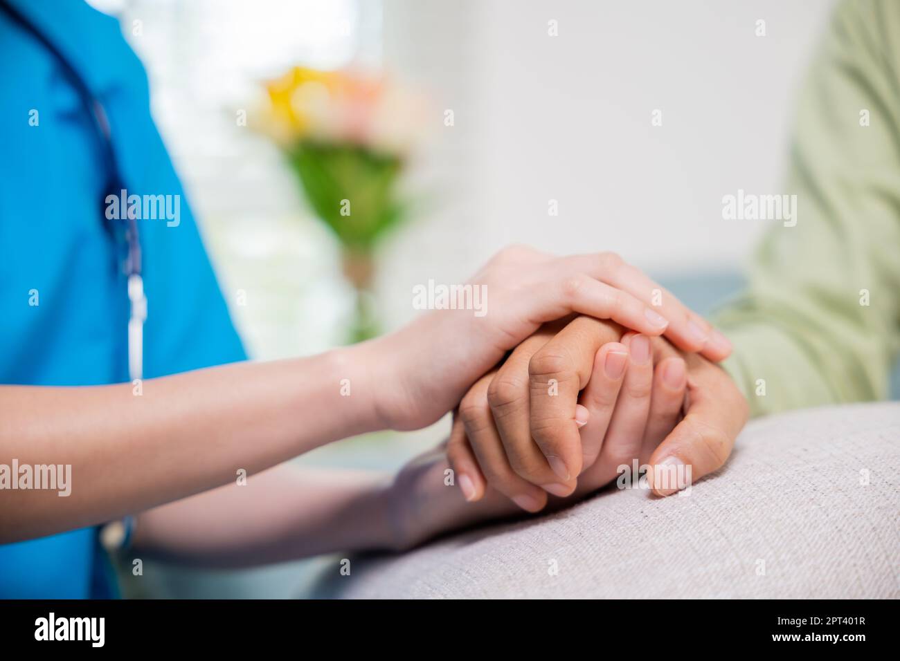 Closeup hand. Young woman helping hold hands offering her senior man ...