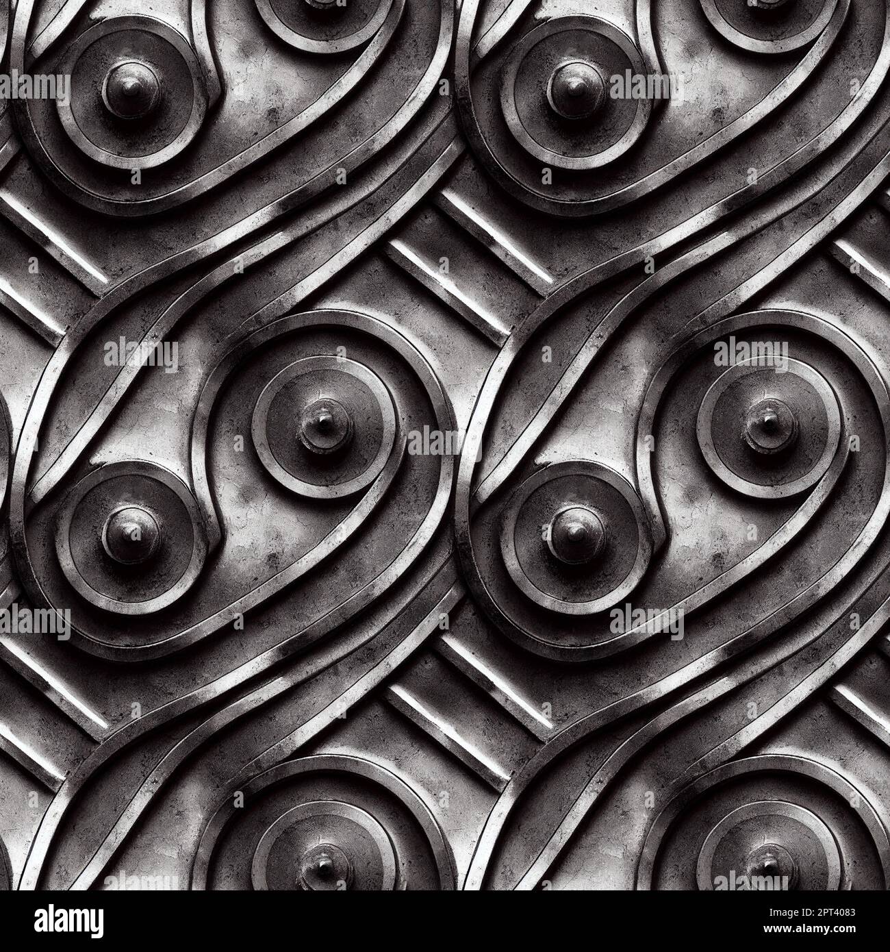 Seamless metal texture or background with ornament, 3D illustration ...