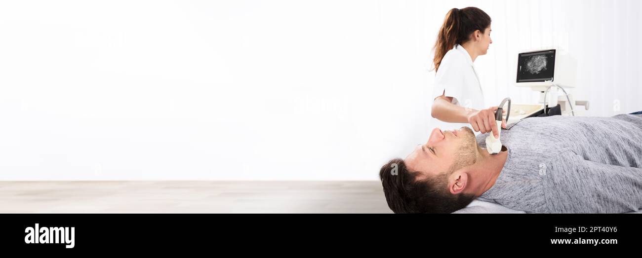 Doctor Checking Thyroid Neck With Ultrasound. Ultrasonography Machine ...