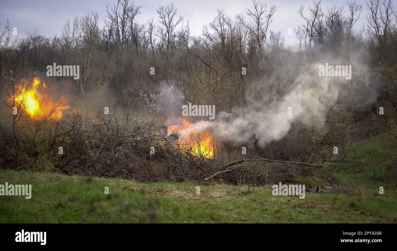 Bakhmut, Ukraine. 27th Apr, 2023. Ukrainian soldier from the 17th tank ...
