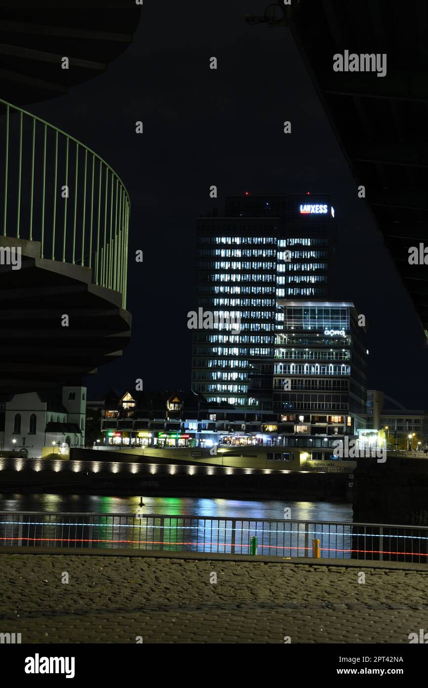 Lanxess headquarters over the Rhine and the Deutzer Bridge in Cologne ...