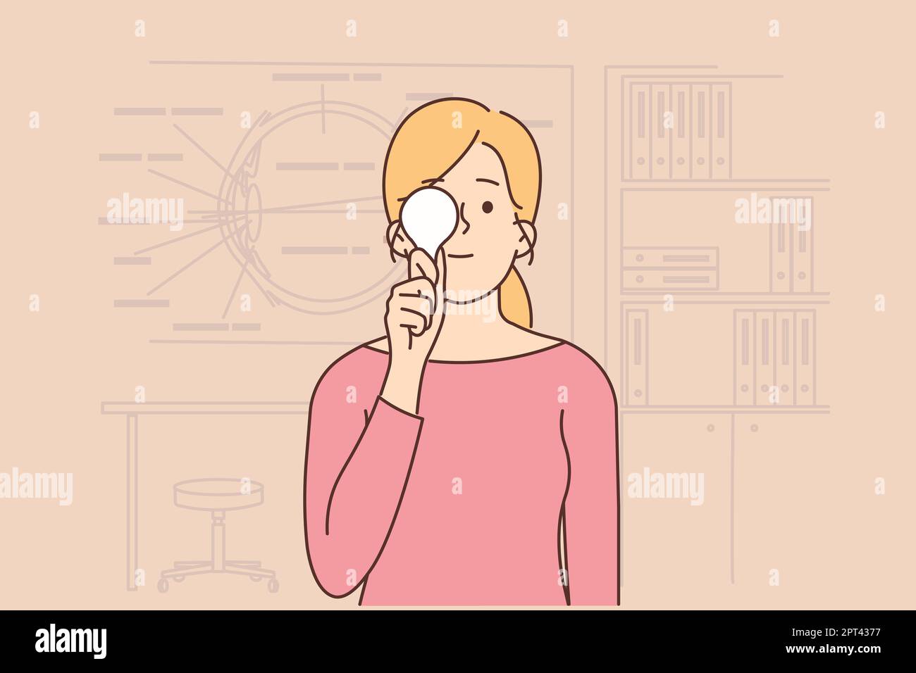 Young woman check sight in oculist cabinet. Girl close one eye examine ...