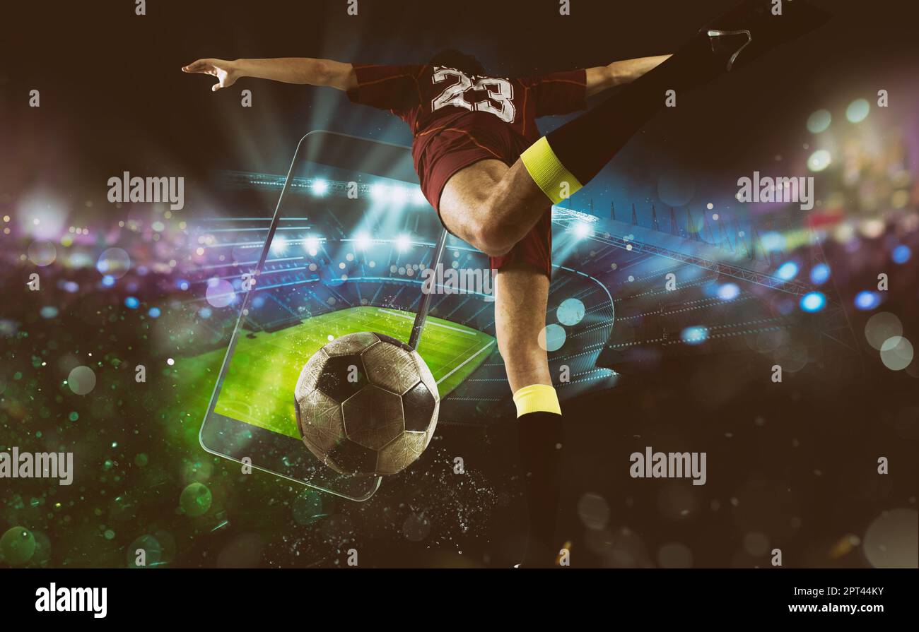 Soccer player, cellphone and ball on a stadium Stock Photo - Alamy