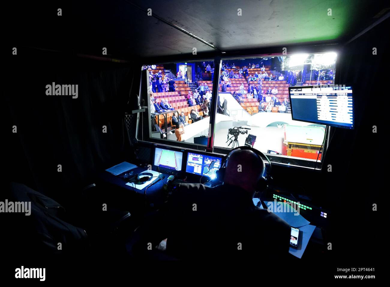 A general view inside of the commentary booth on day thirteen of the ...