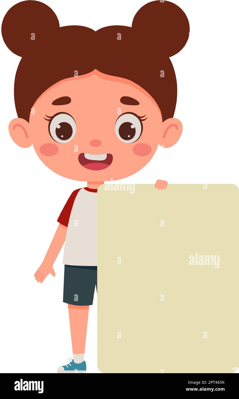 Cute little kid girl with empty blank paper. Cartoon child character ...