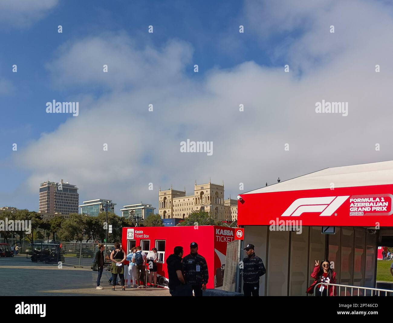 F1 Baku 2023. Formula 1 spectators near ticket box. Grand Prix 28-30 ...