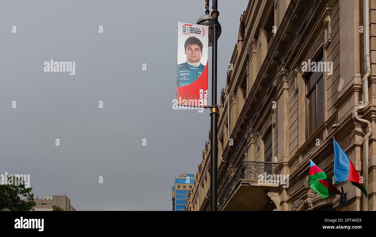 F1 poster with Formula 1 racer Lance Stroll on street in Baku ...