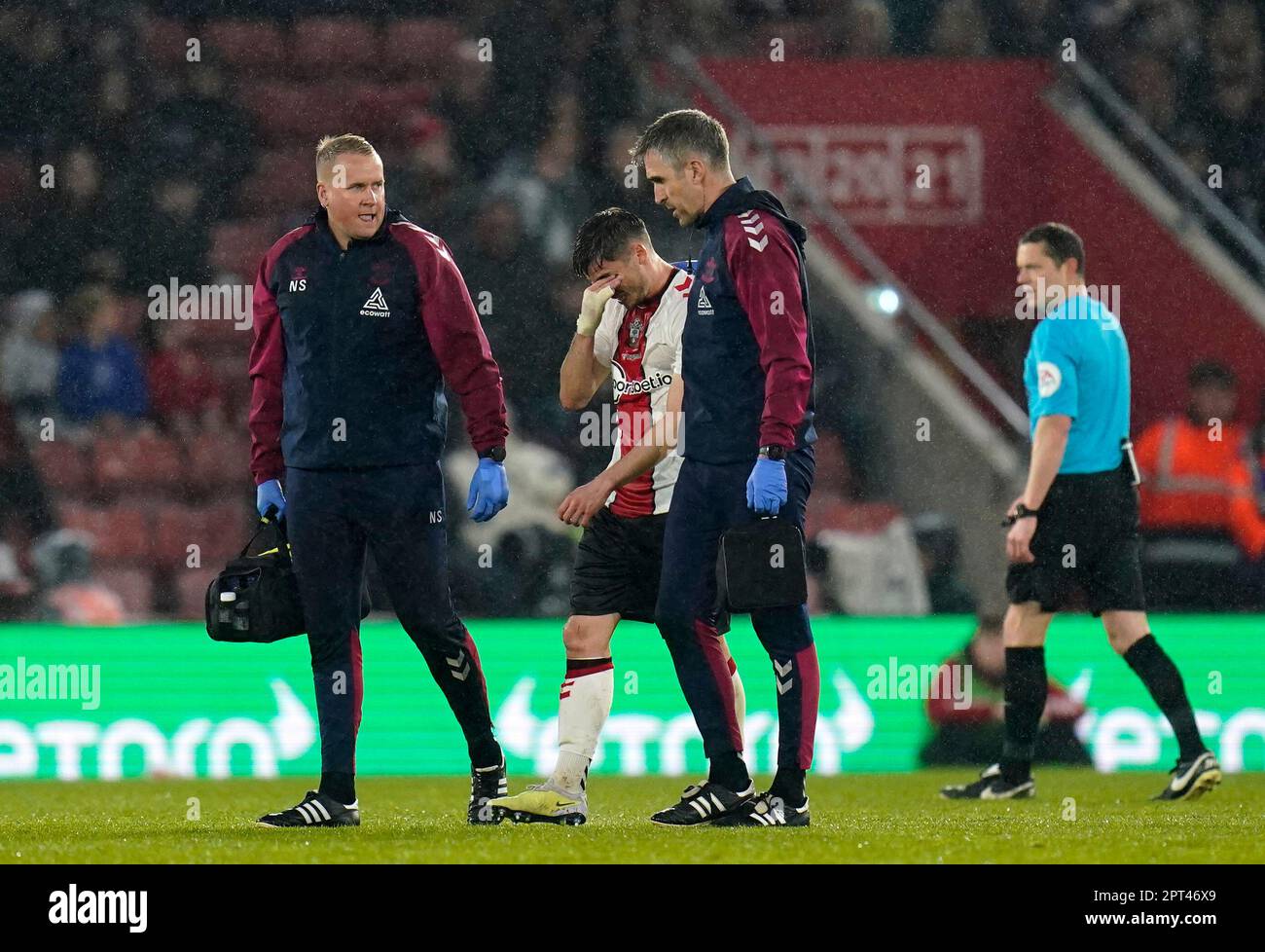 Southampton's Romain Perraud leaves the pitch with an injury during the ...
