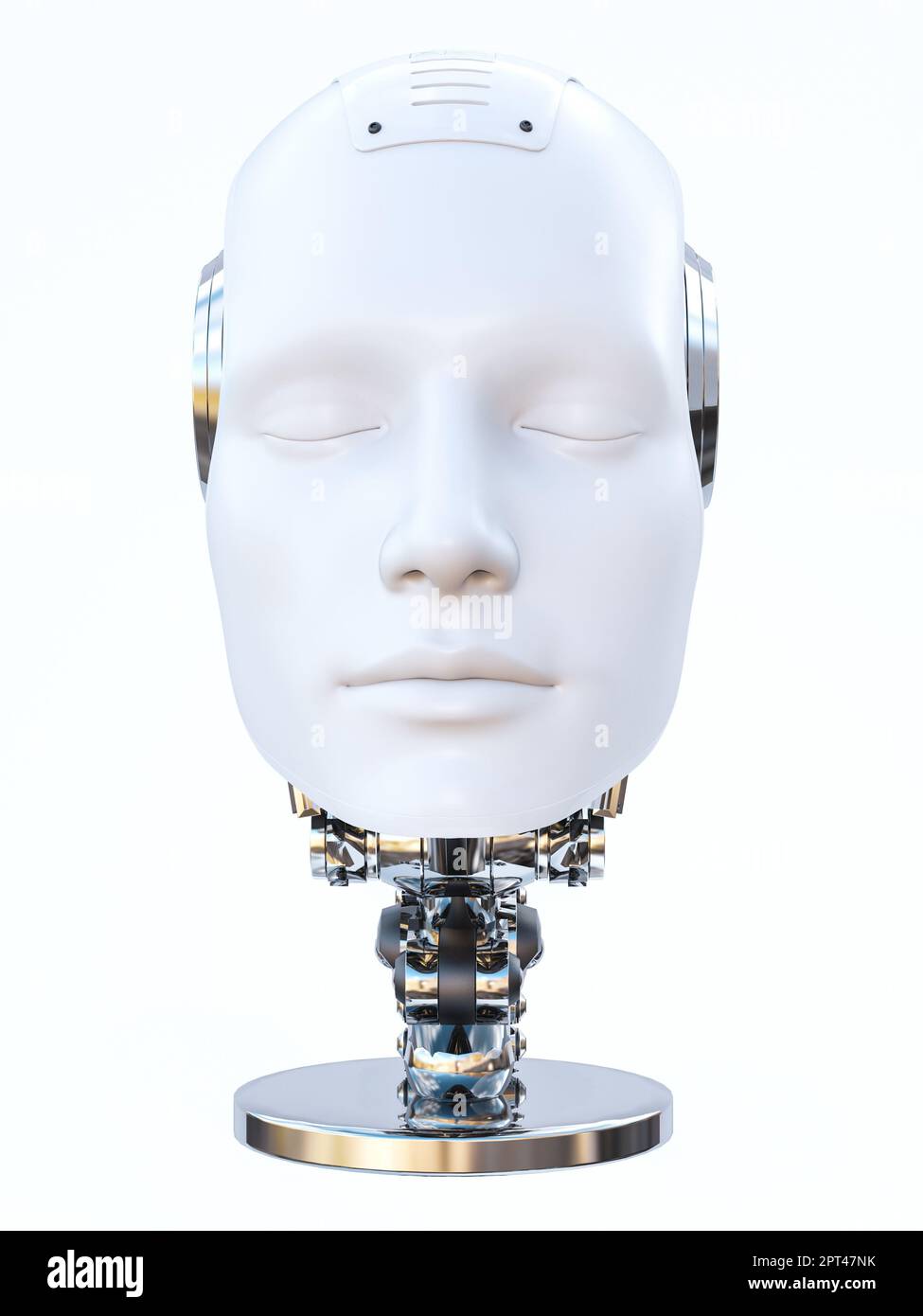 3D rendering of a severed android robot man head with eyes closed on a ...