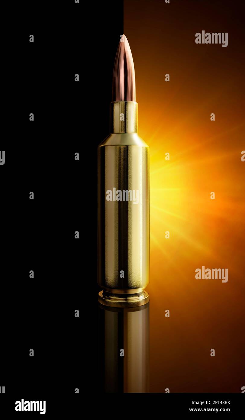 Bullets on black background with smoke, yellow orange red white colored ...