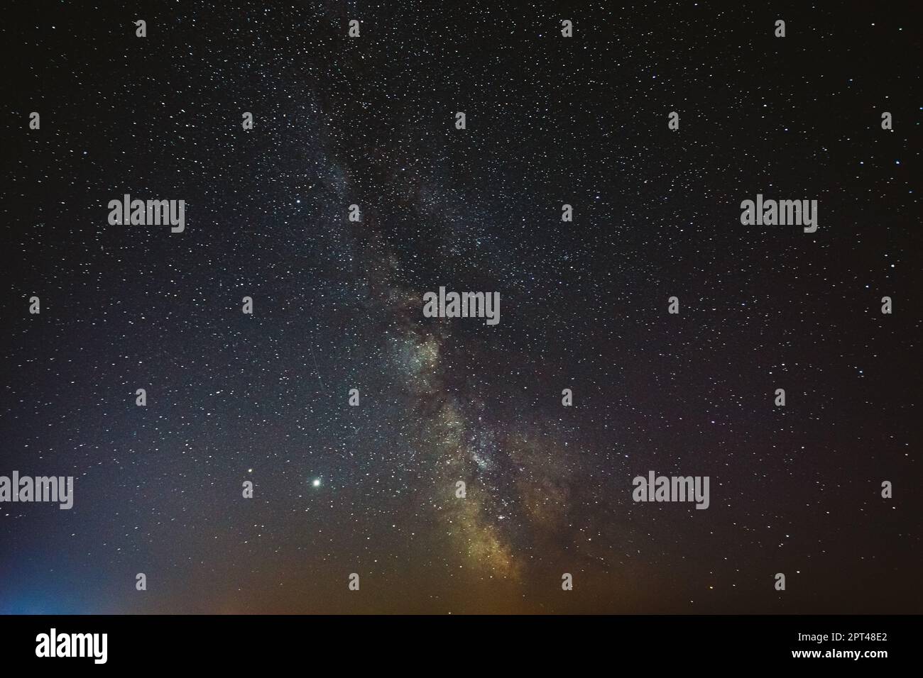 Night Starry Sky With Glowing Stars. Bright Glow Of Planets Saturn and ...