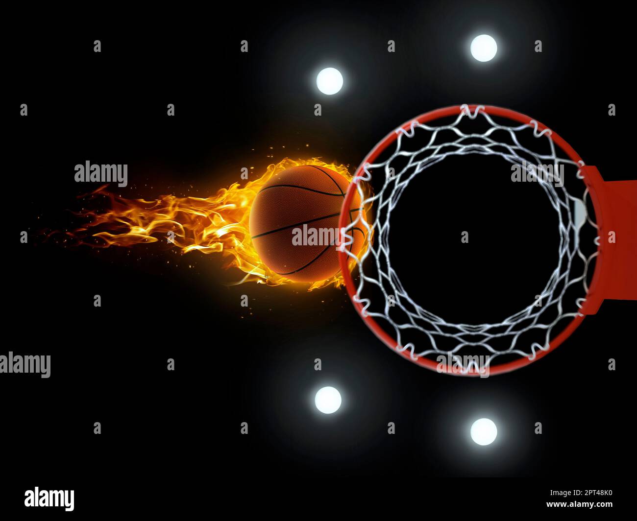 3D illustration of fiery basketball ball flying to hoop on black ...
