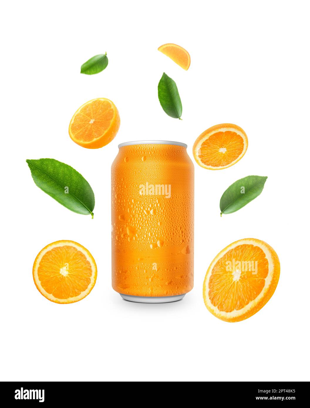 Aluminum orange soda can and falling juicy oranges with green leaves ...