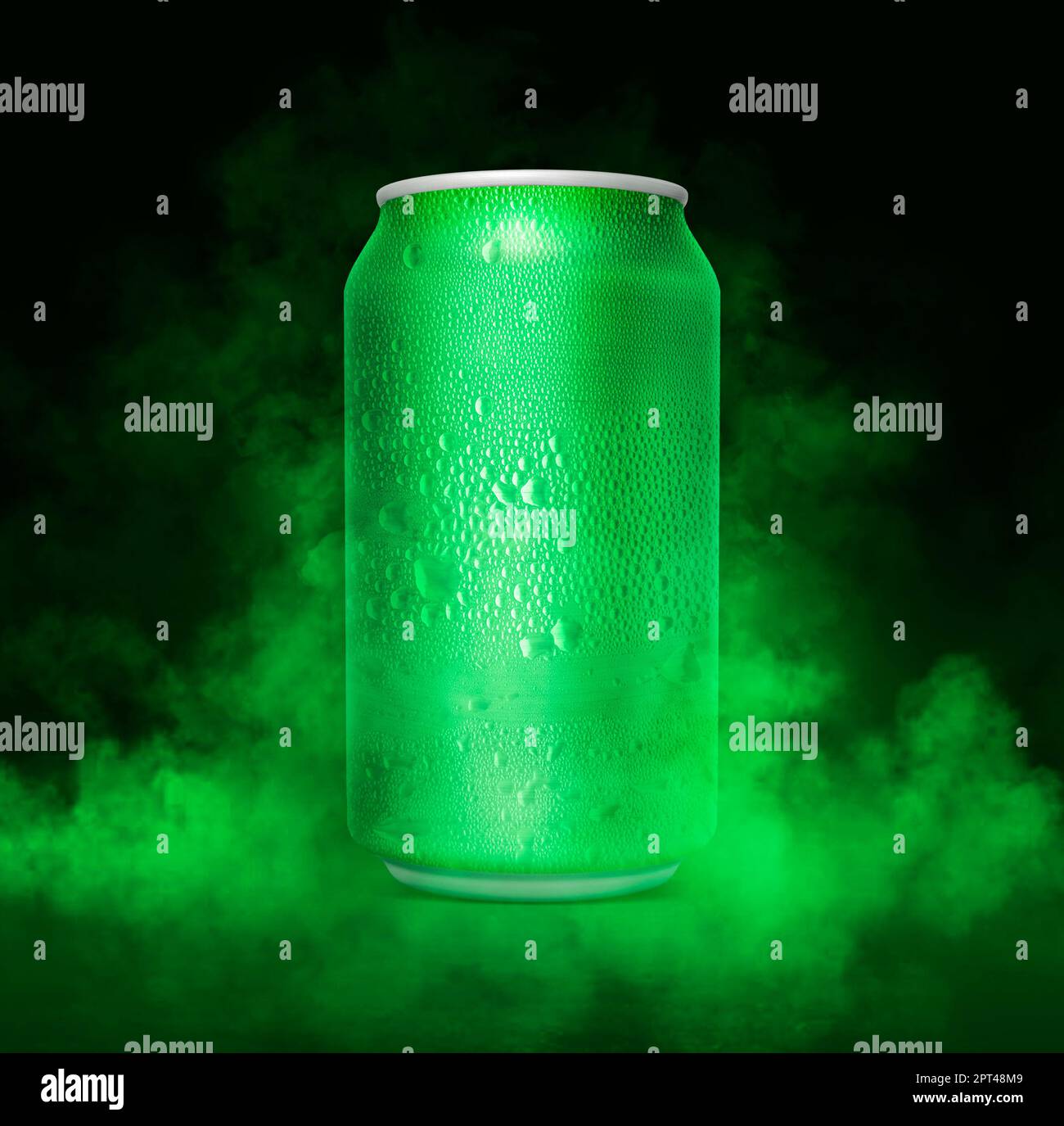 An unbranded freezing cold aluminum tin can with cold vapor an isolated ...