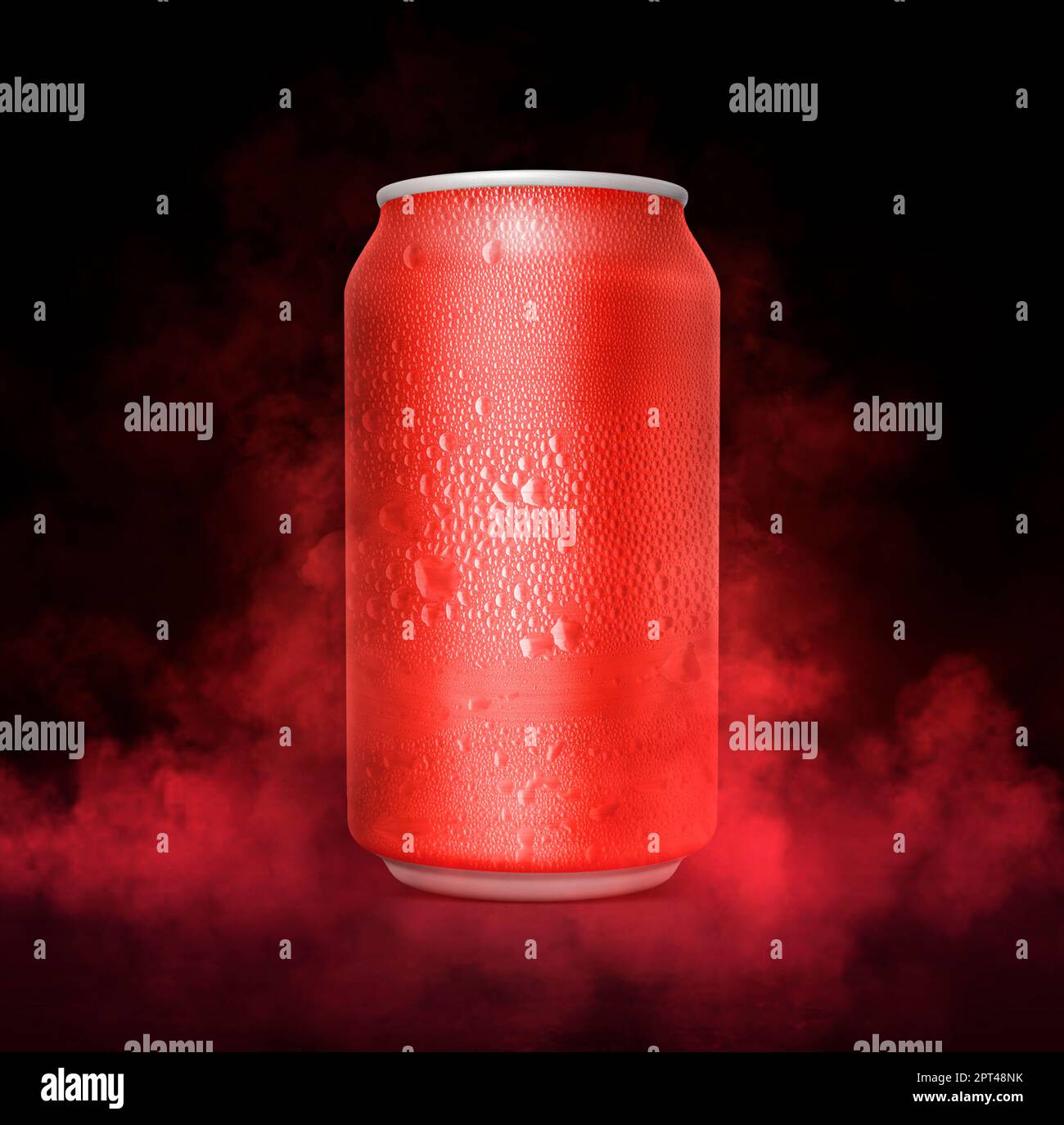 An unbranded freezing cold aluminum tin can with cold vapor an isolated ...