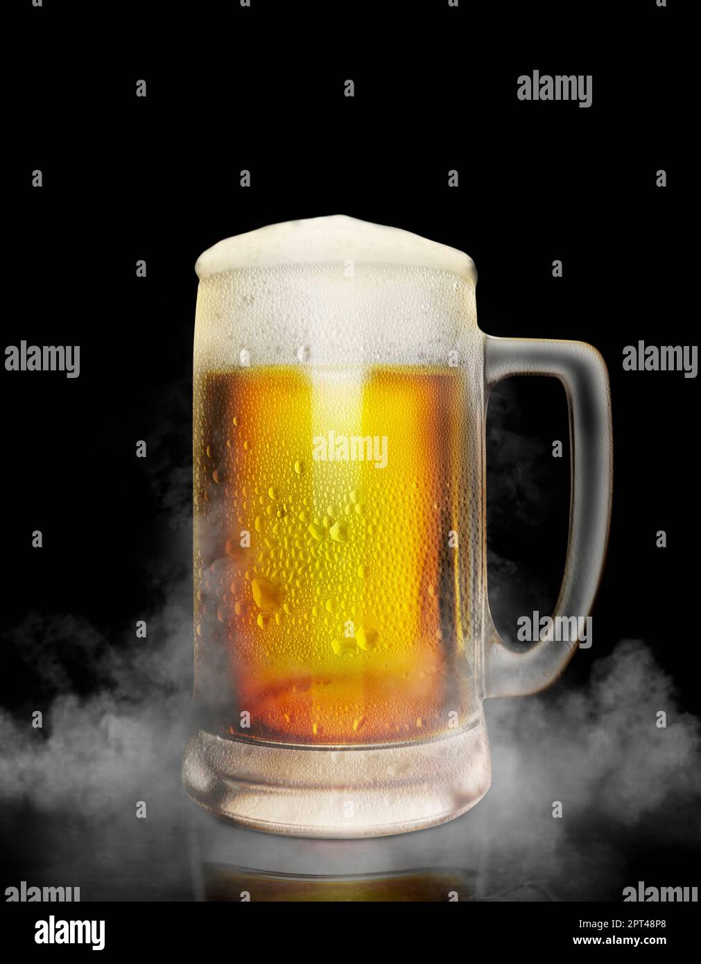 Beer glass with water drops on the white color smoke dark background ...