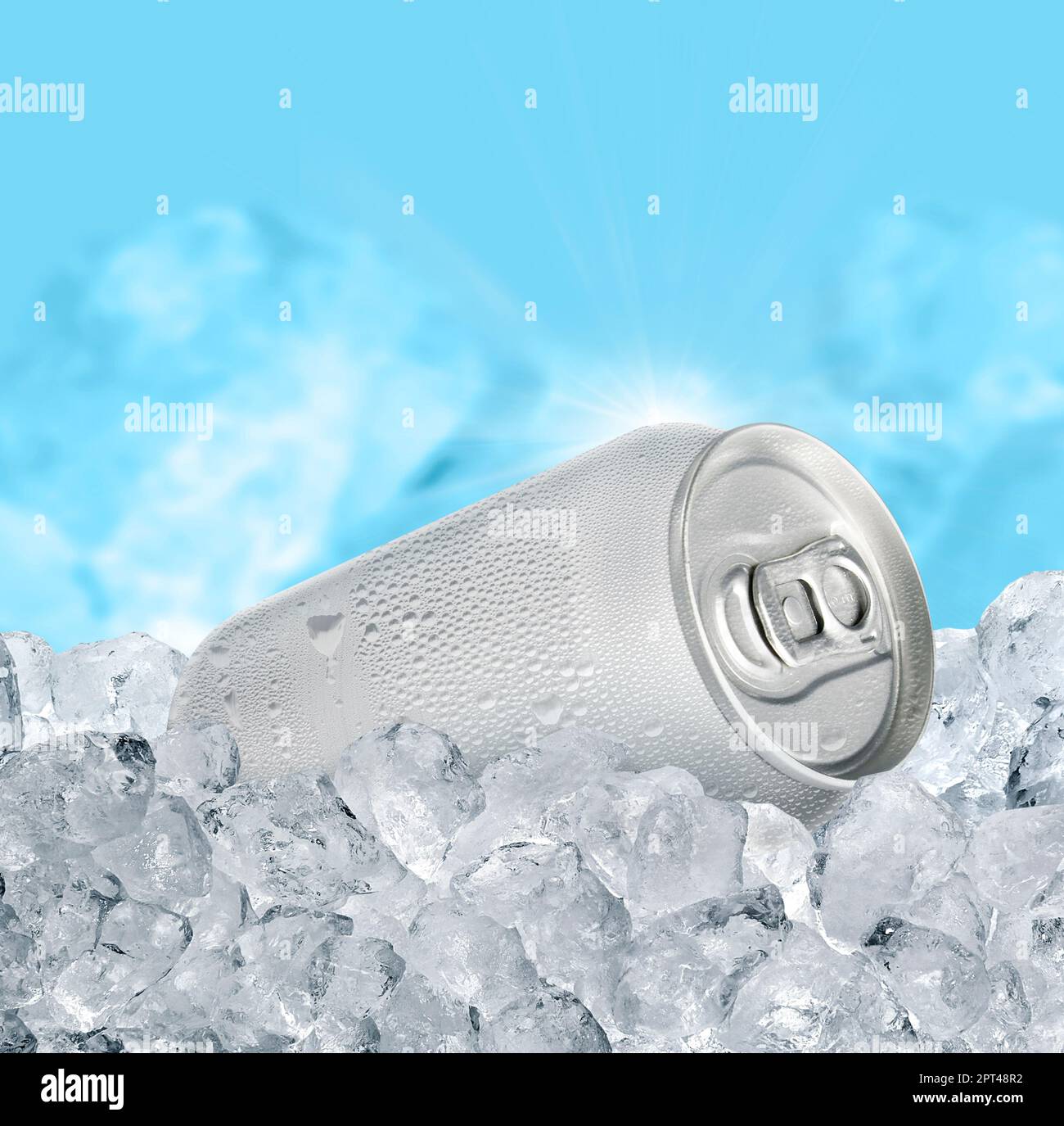 Aluminum Tin Can with ice cubes on blue background. Blank metallic can ...