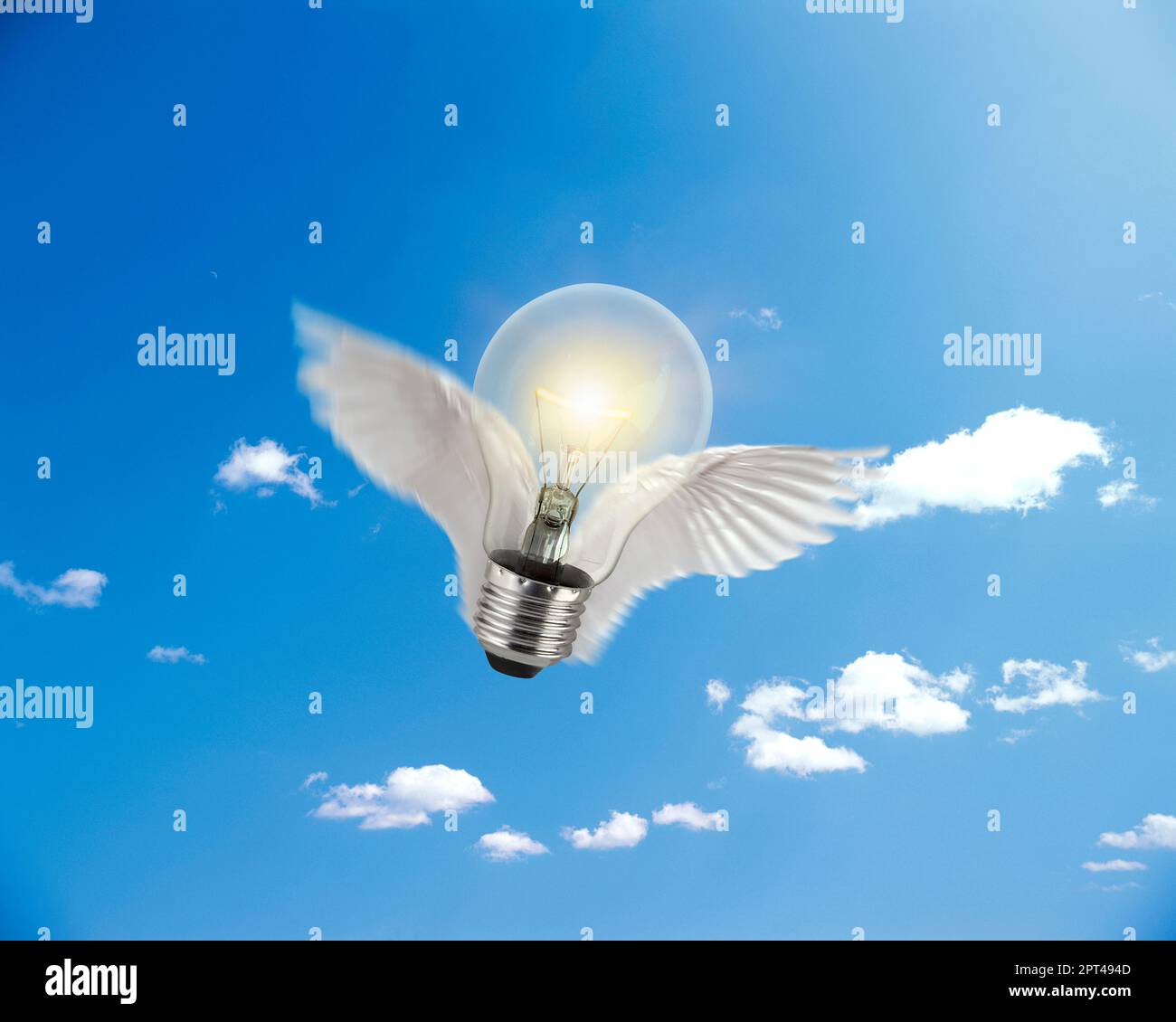 flying light bulb on sun and sky background. technology Concept Stock ...