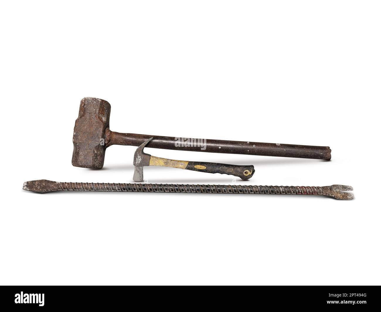 old hammer and old crowbar on a white background Stock Photo - Alamy