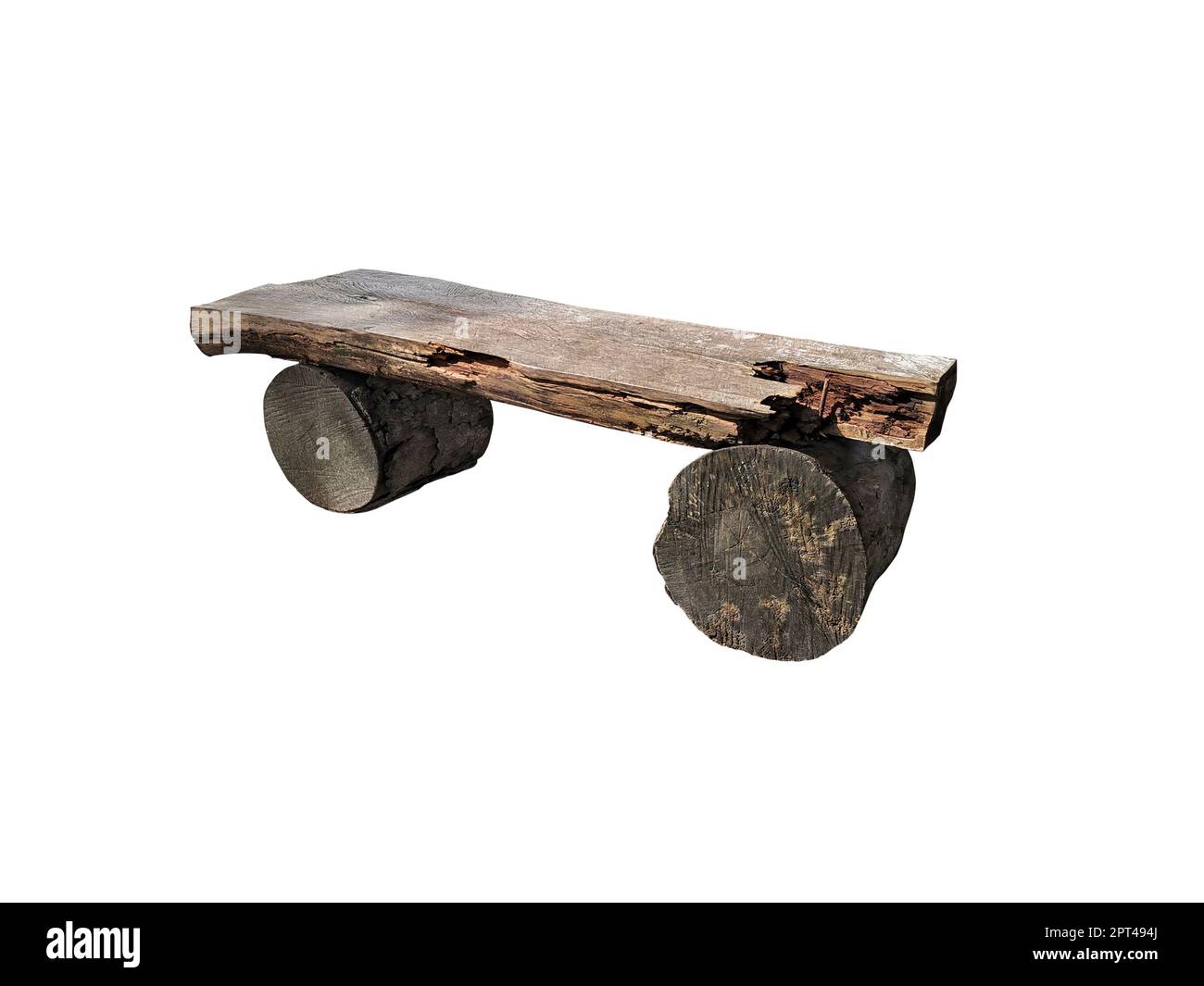 Ancient rural bench from logs. Isolated over white. Roughly hammered ...