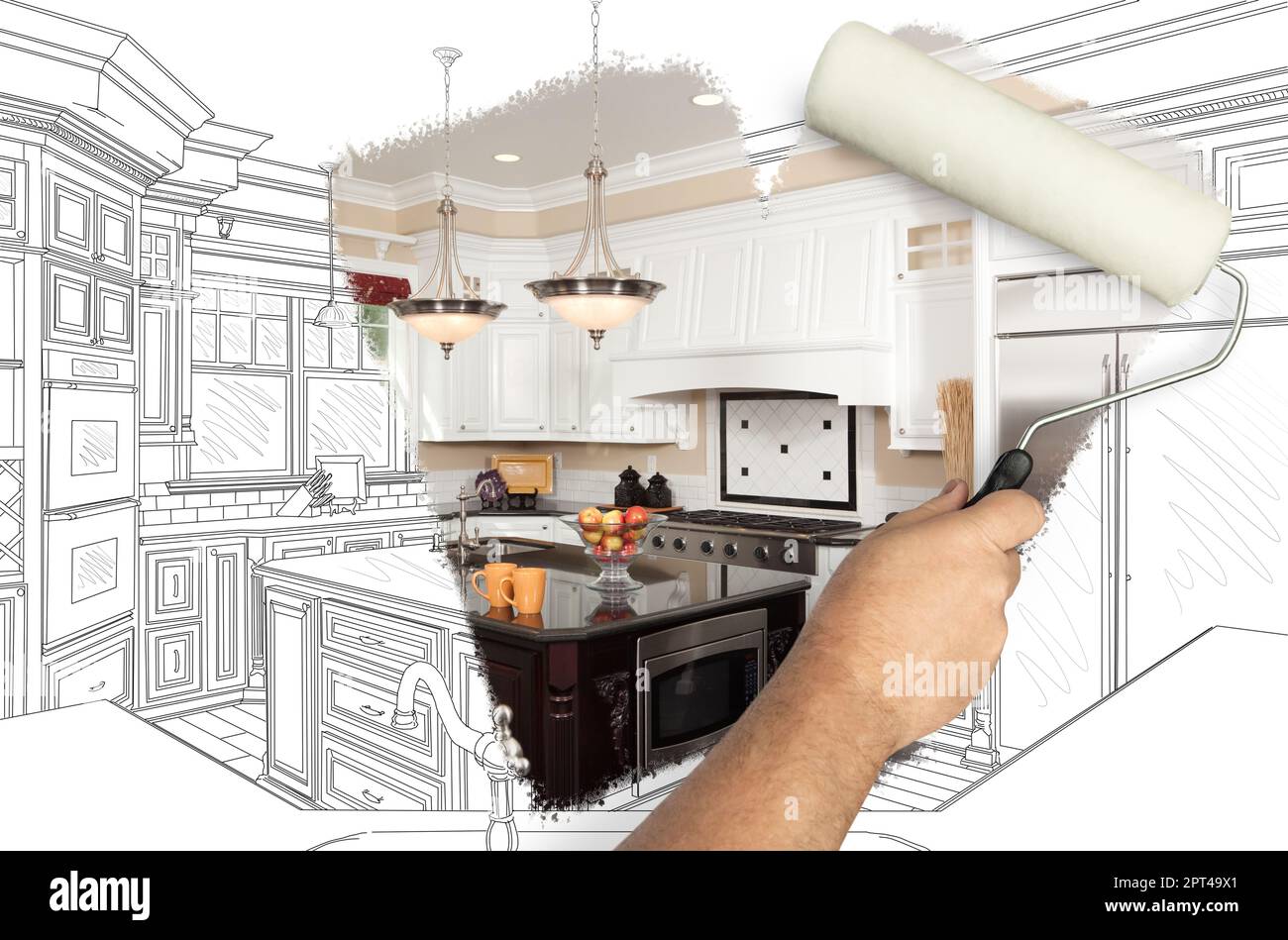 Before and After of Man Painting Roller to Reveal Newly Remodeled ...