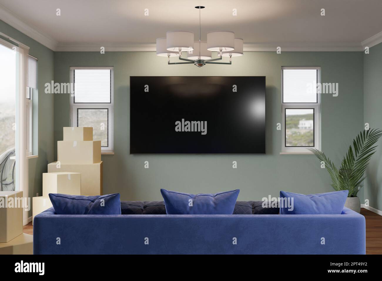 3D Illustration of Several Cardboard Moving Boxes, Couch Plant and ...