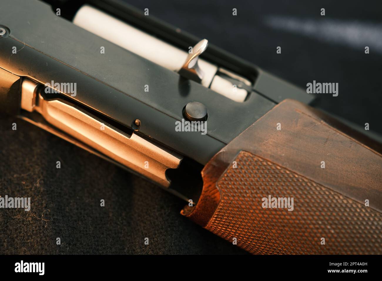 Closeup shotgun shutter. Hunting semi-automatic shotgun with wooden ...