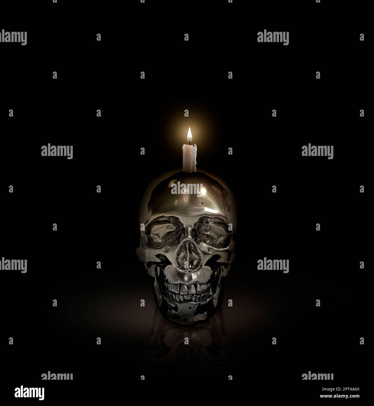 iron skull and candlelight on black background Halloween concept Stock ...