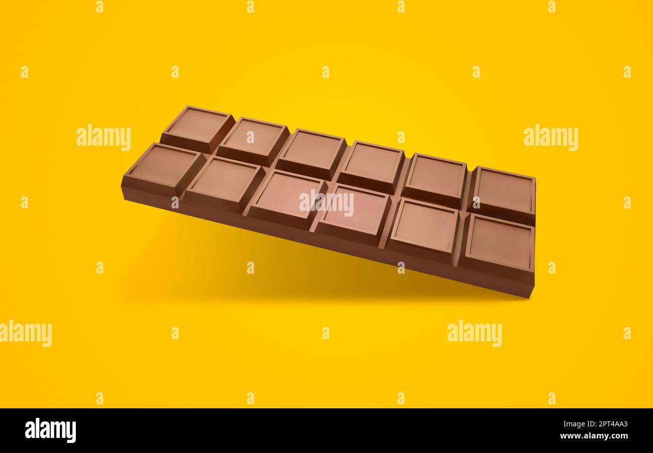 Cubes of milk chocolate bar isolated on orange background. 3d render ...