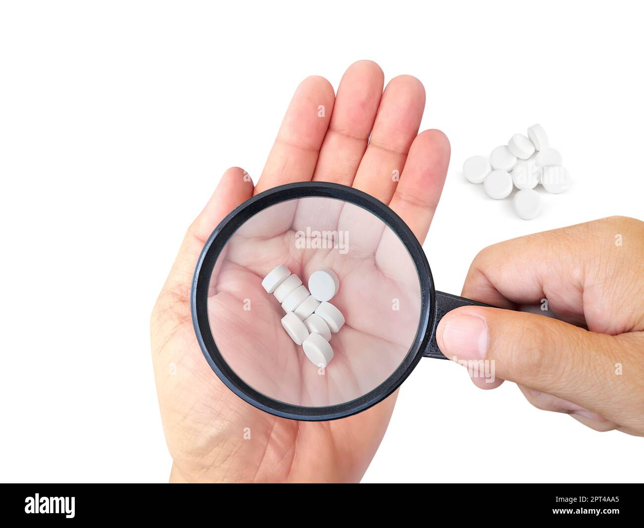 Concept pharmaceutical testing, drug testing, magnifying glass, pills ...