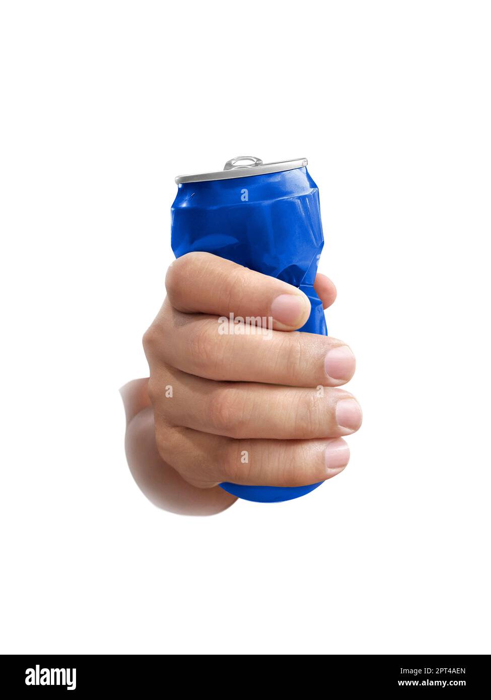 Compressed cans in hand isolated on white background Stock Photo - Alamy