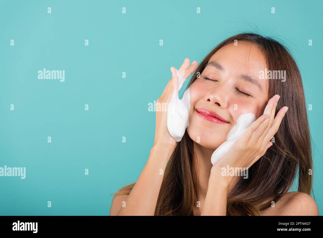 Asian woman face wash exfoliation scrub soap with skincare cleansing, Portrait beautiful female ...