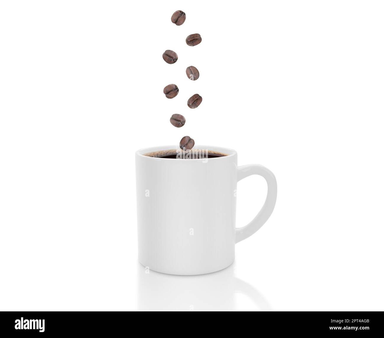 Coffee cup with smoke falling coffee beans on white background Stock ...