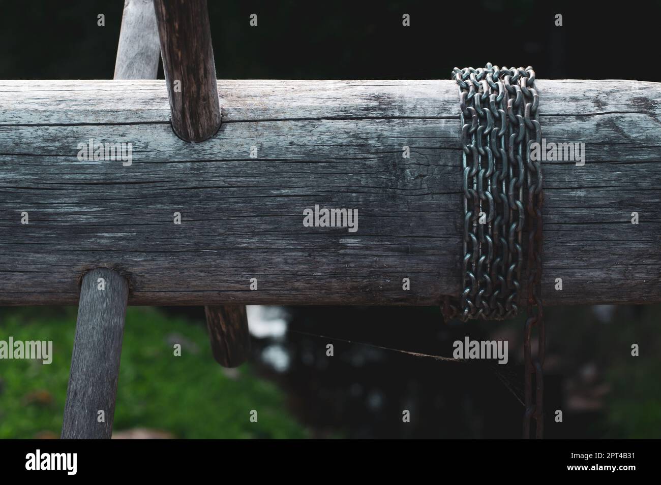 Old wooden winch of well with chain. lifting mechanism of water from ...