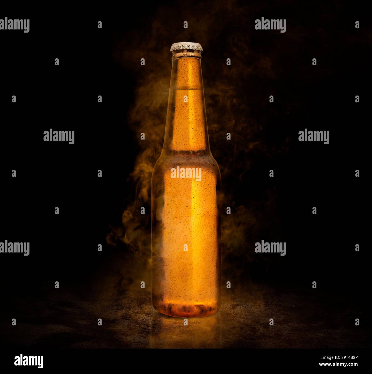 Beer bottle with water drops on the brown color smoke black background ...