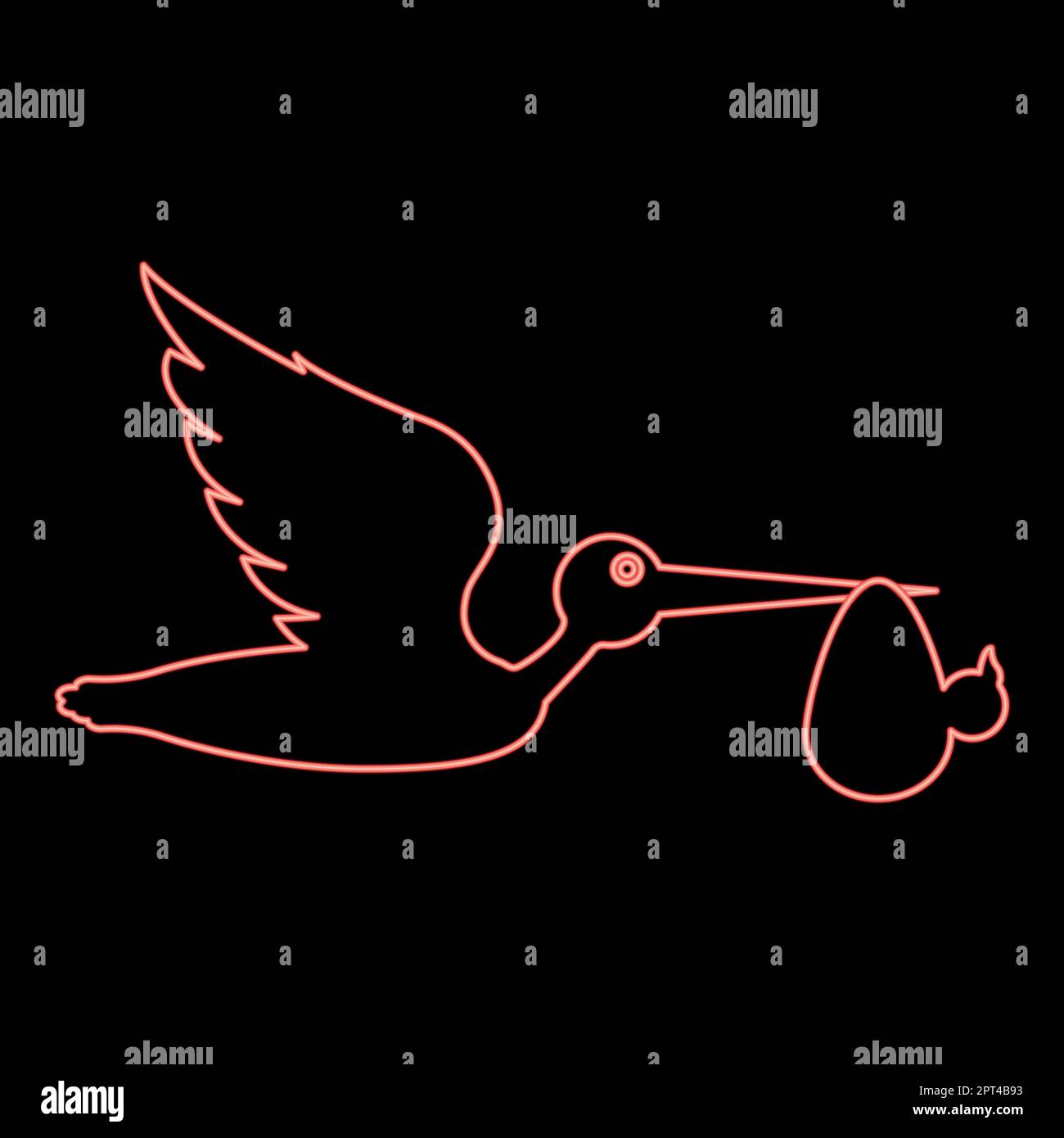 Neon stork carries baby in bag Flying bird with kind in beak bundle ...