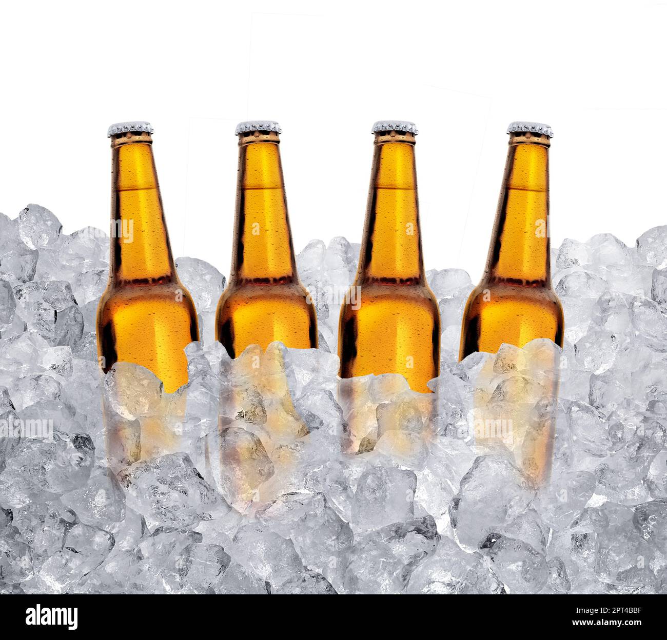 Three bottles of beer on ice cubes Isolated on white background Stock ...