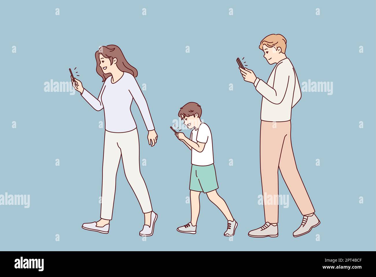 Family with kid walking street holding smartphones. Addicted parents ...