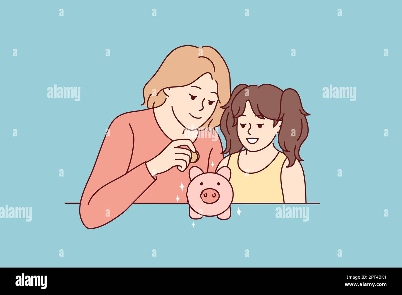 Mother and daughter saving money in piggybank. Mom and girl child put ...
