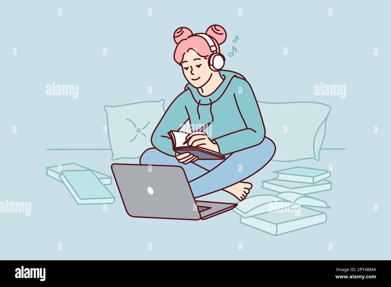 Girl in headphones study on laptop at home take notes in notebook ...