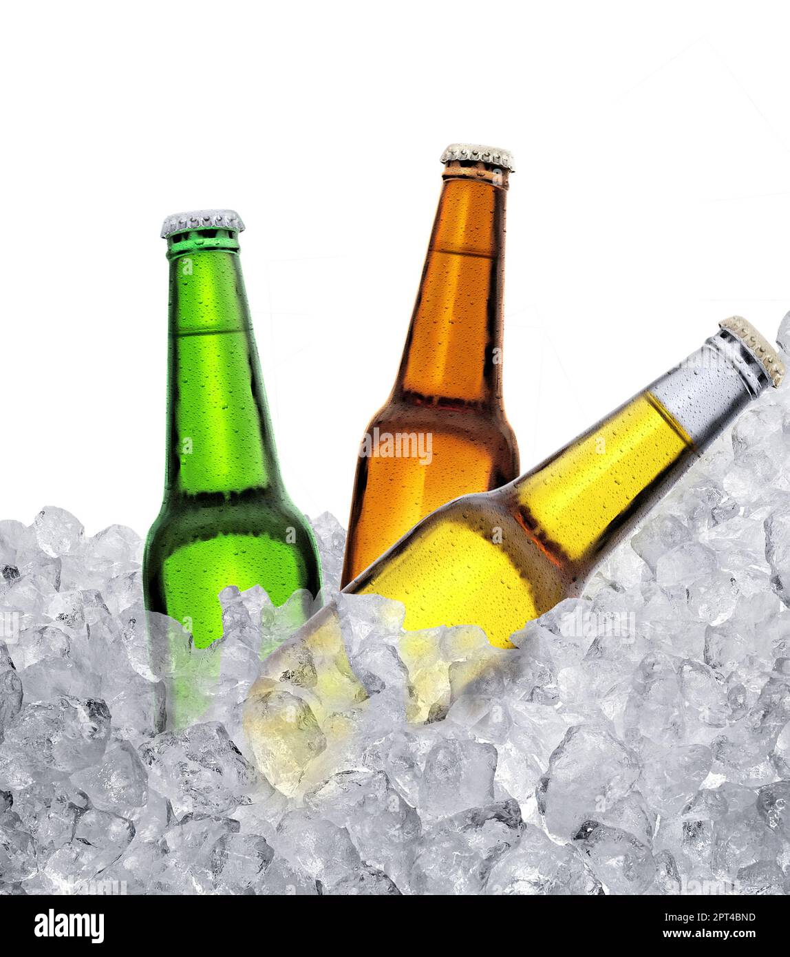 Three bottles of beer on ice cubes. Isolated on white background Stock ...
