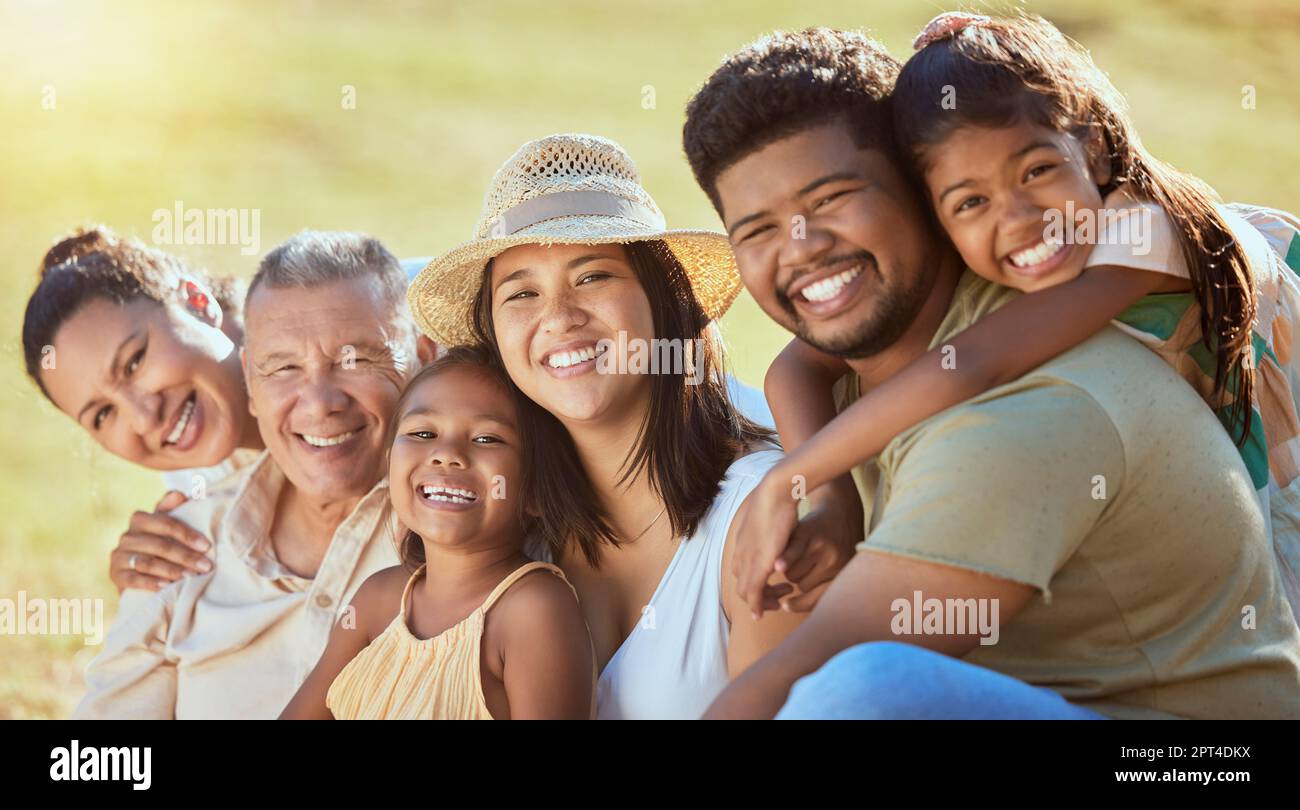 Happy, big family and garden picnic at the park with parents ...