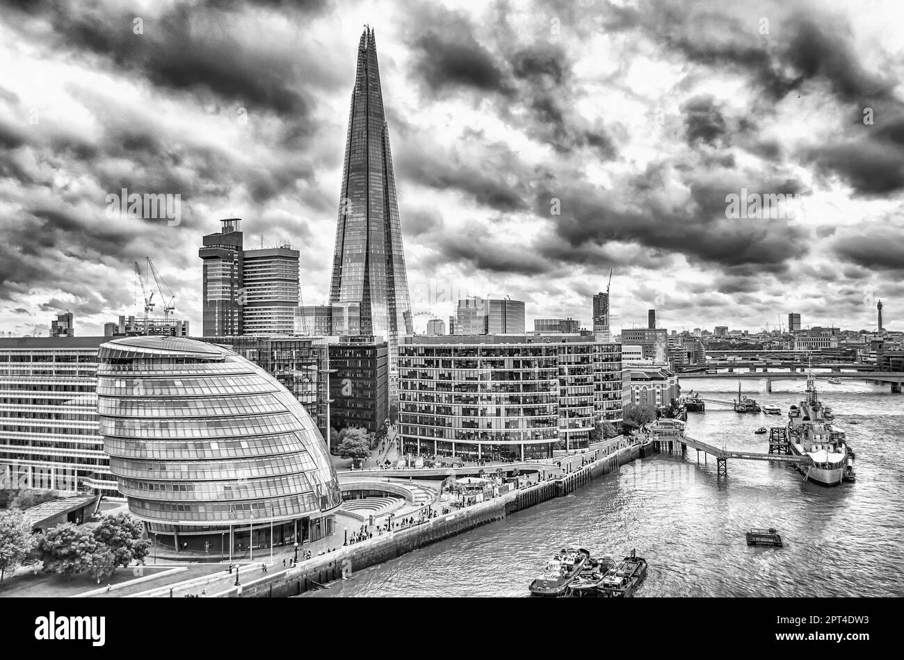 Aerial view of South Bank from Tower Bridge over the Thames River ...