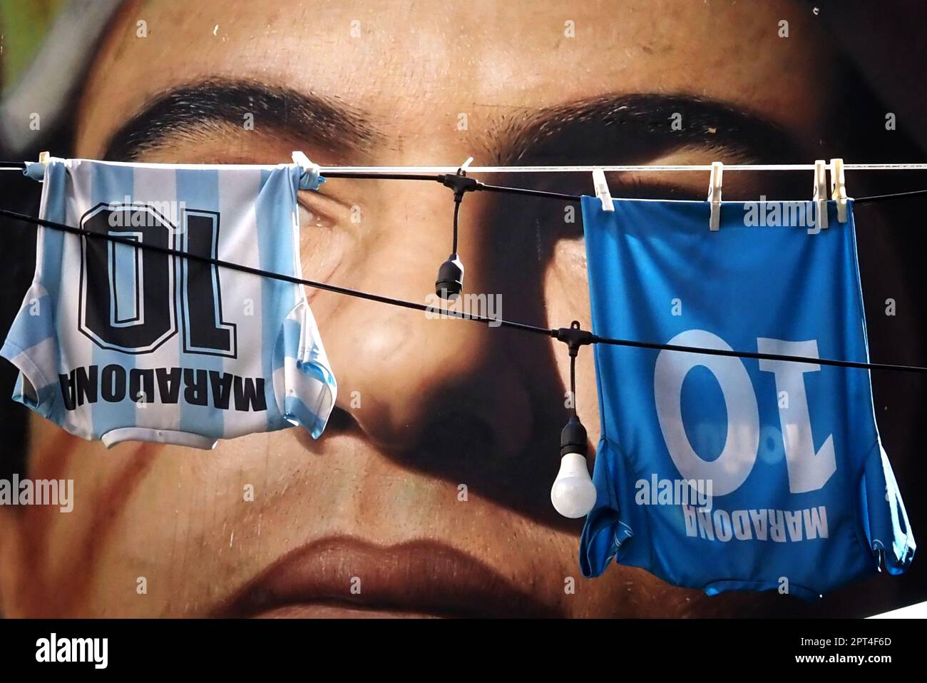 Napoli, Italy. 27th Apr, 2023. Jerseys of Diego Armando Maradona with ...
